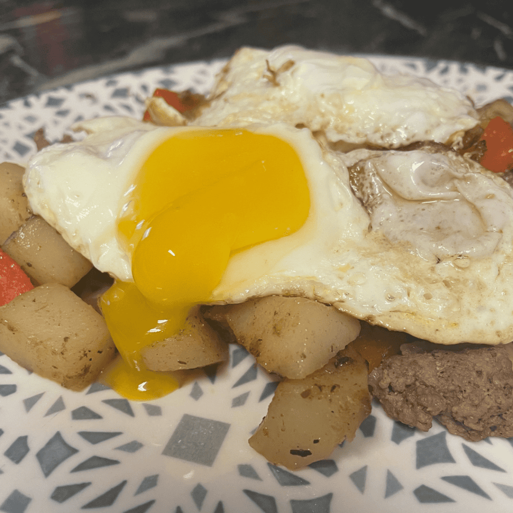 Easy Hash Dinner With Hamburger Patties and Sunnyside Egg