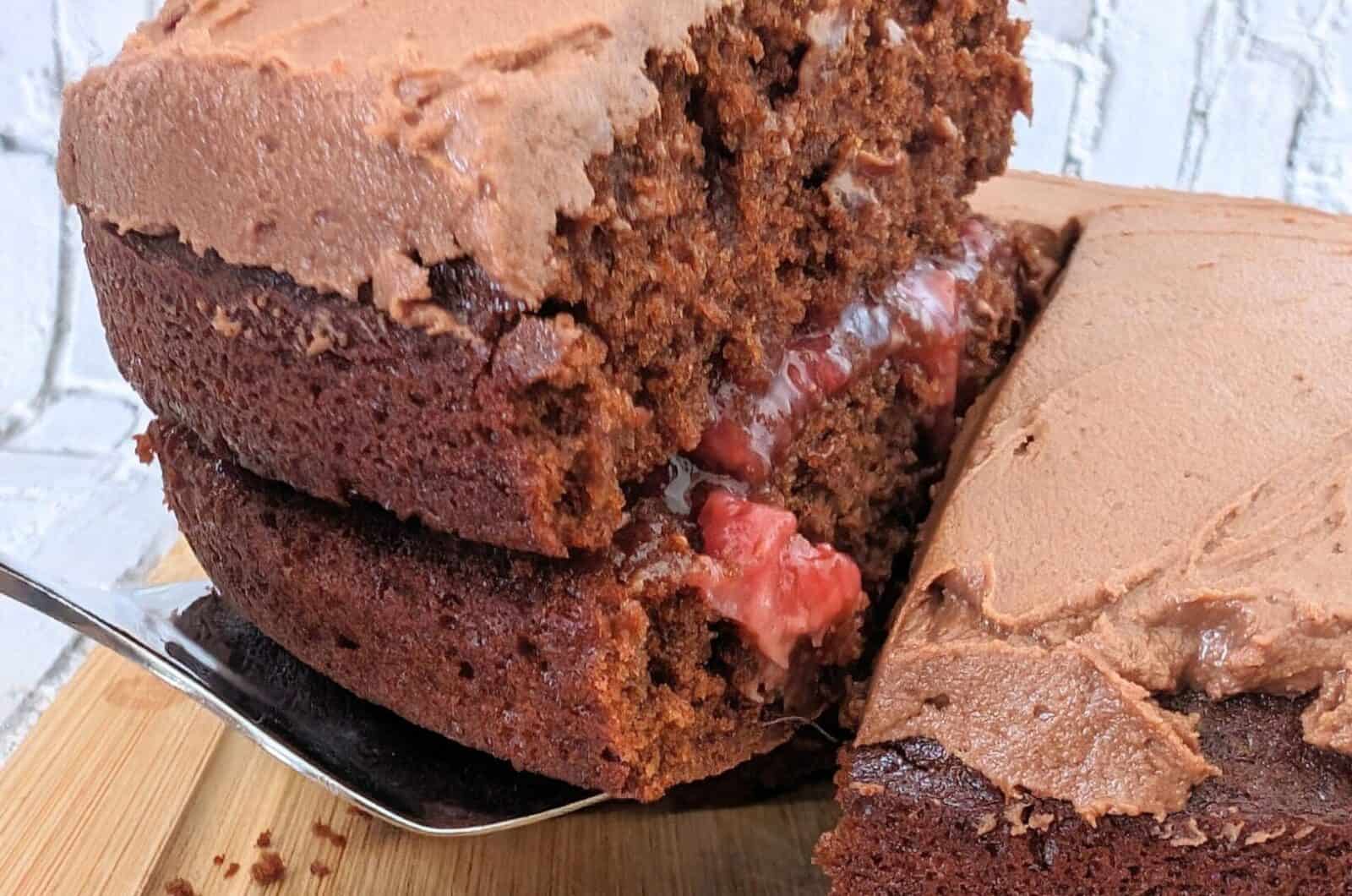 Fluffy Fudge Cake With Strawberry Filling - A Cents For Cookery