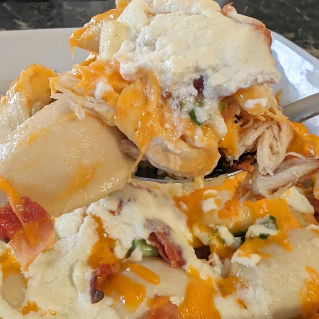 Easy Layered Cheesy Bacon Chicken Pierogi Casserole - A Cents For Cookery