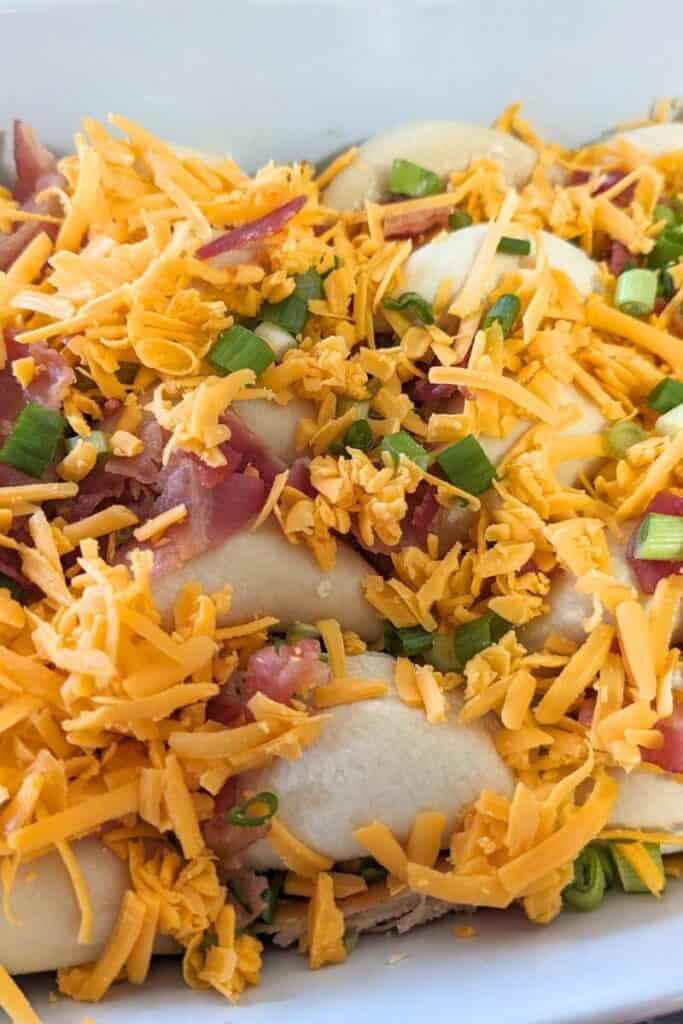 Easy Layered Cheesy Bacon Chicken Pierogi Casserole - A Cents For Cookery