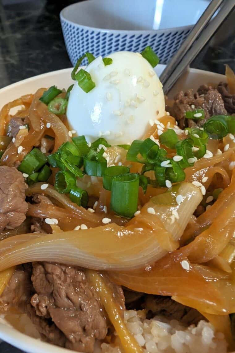 Savory Japanese Beef Rice Bowl (Gyudon) With Soft Boiled Egg - A Cents ...